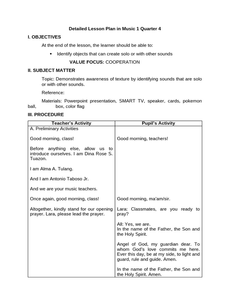 Detailed Lesson Plan in Music 1 Quarter 4-1 | PDF | Sound | Old Mac ...