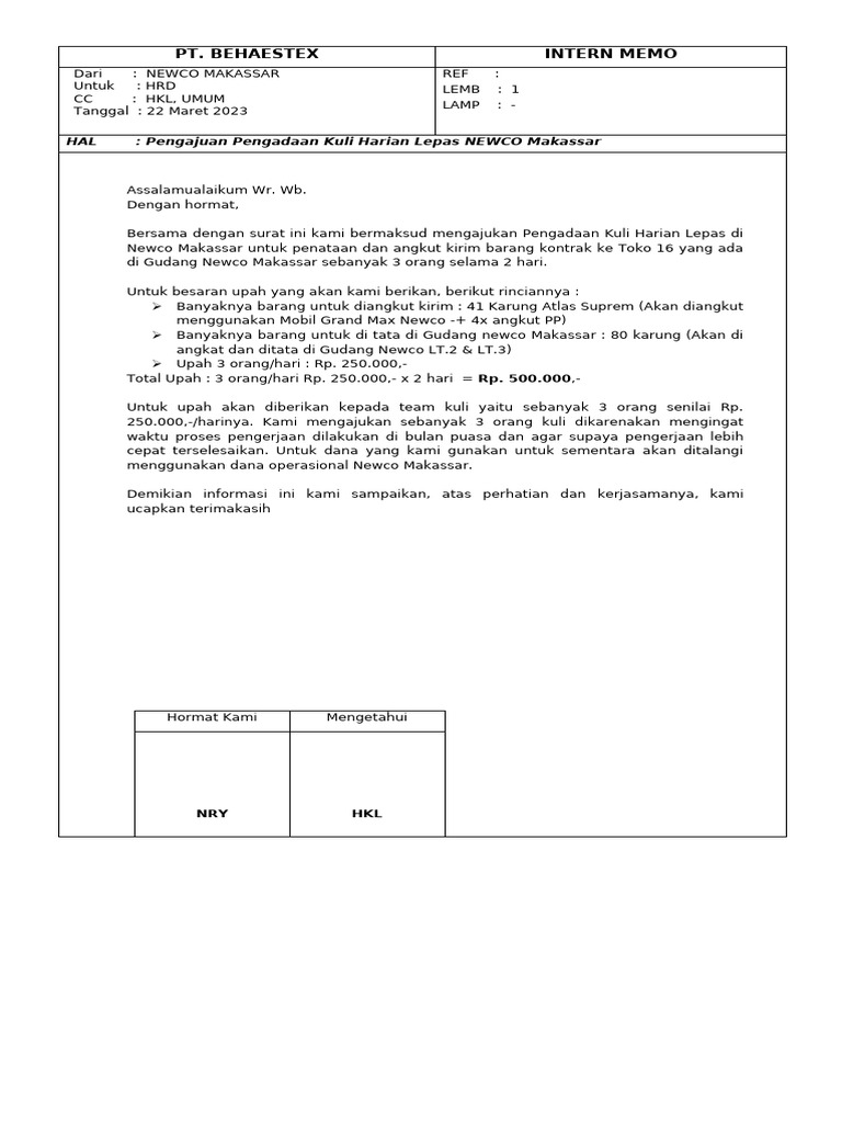 MEMO - Pengajuan Kuli Harian Lepas | PDF