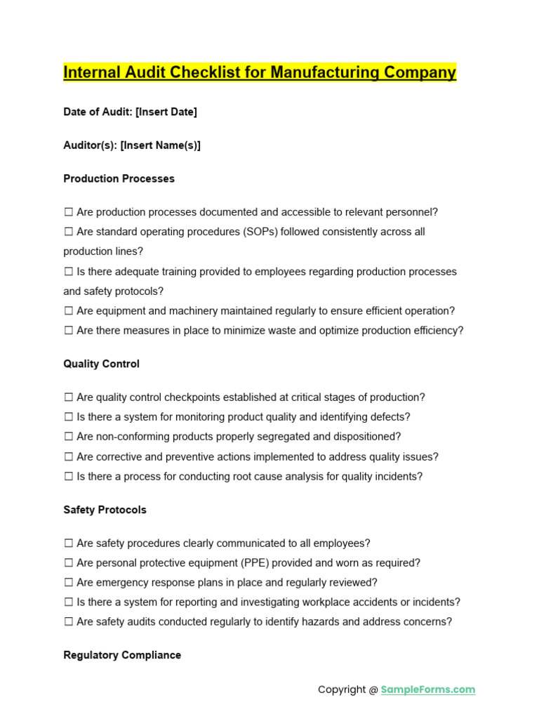 Internal Audit Checklist For Manufacturing Company | PDF | Audit | Safety