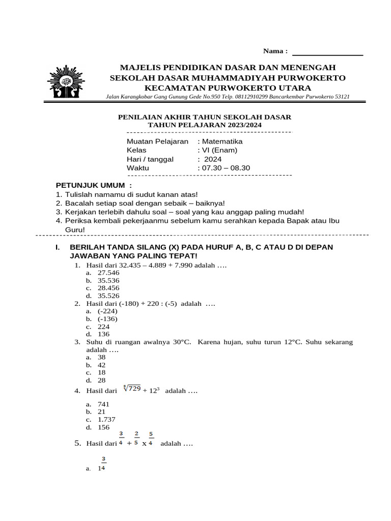 Soal Pat 2 Kelas 6 MTK 23 24 | PDF