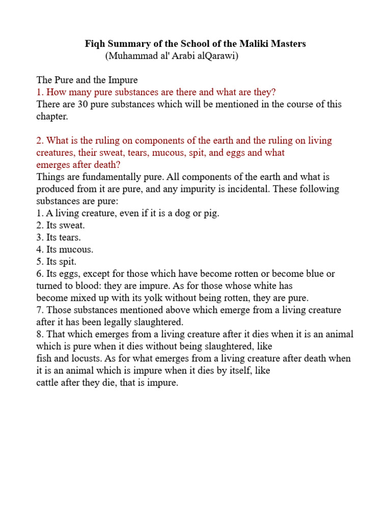 Fiqh Summary of The School of The Maliki Masters | PDF | Water