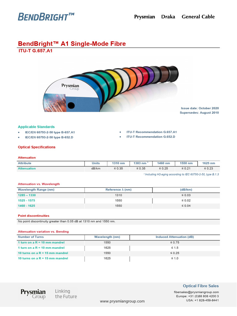 Prysmian BendBright A1 Datasheet | PDF | Optical Fiber | Fiber Optic ...