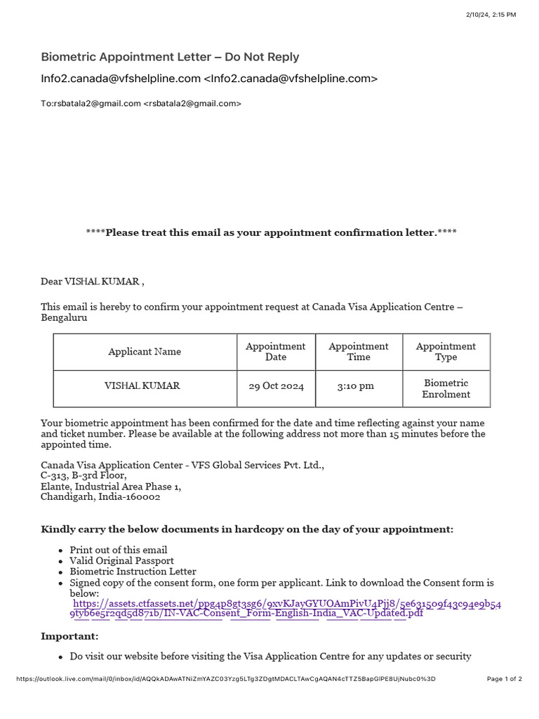 Biometric Appointment Confirmation - VFS Canada | PDF | Travel Visa ...