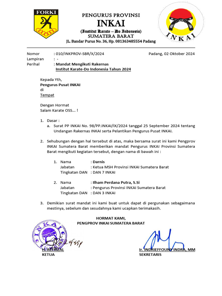 Surat Mandat Prov Sumbar Mengikuti Rakernas Inkai | PDF