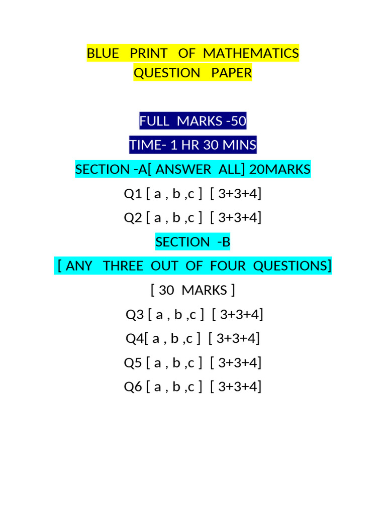Blue Print of Mathematics Question Paper | PDF