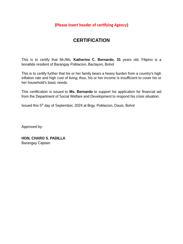 Certification Aics Sample | PDF