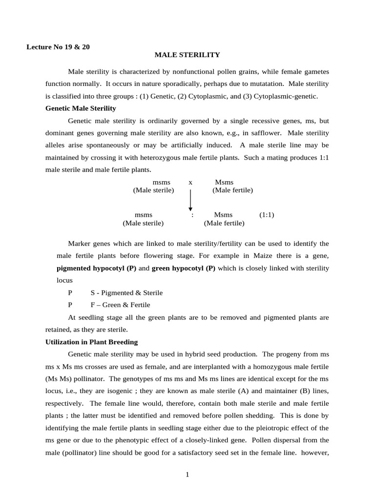 PLANT GENETICS - Male Sterility | PDF | Zygosity | Hybrid (Biology)