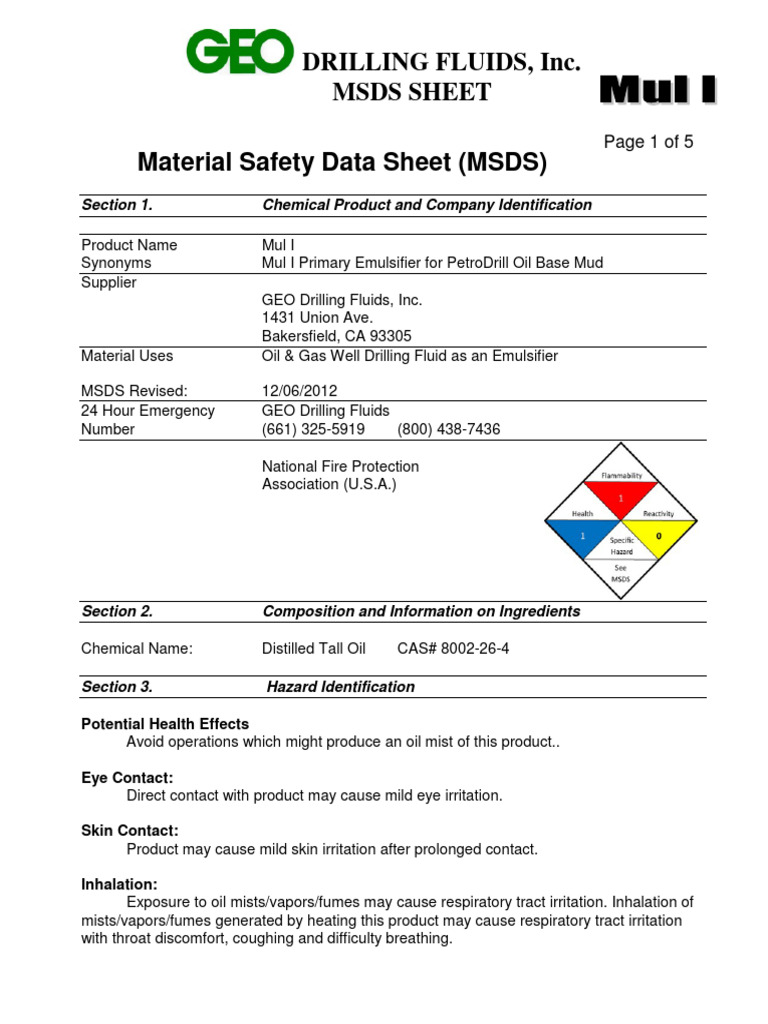 MSDS - GEO Drilling Fluids, Inc. | PDF | Water | Distillation