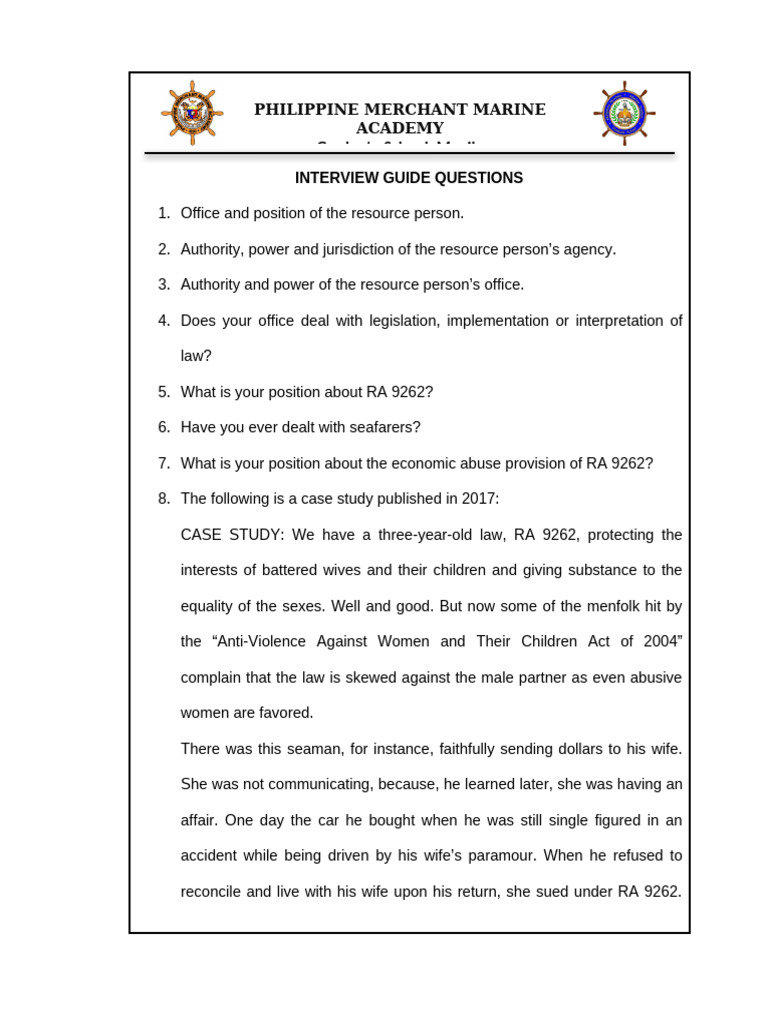 Interview Guide on RA 9262 and Seafarers | PDF | Sailor | Human Rights