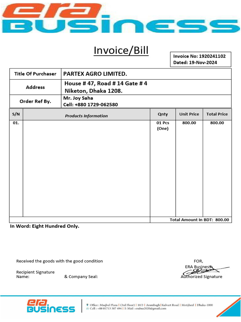 ERA Bus Inv 19. Nov. 2024-2 For Partex Agro (Rev) | PDF