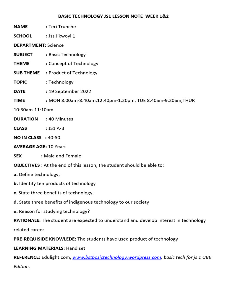9641 - BST Js1 Lesson Note Week 1&2 B | PDF | Textiles