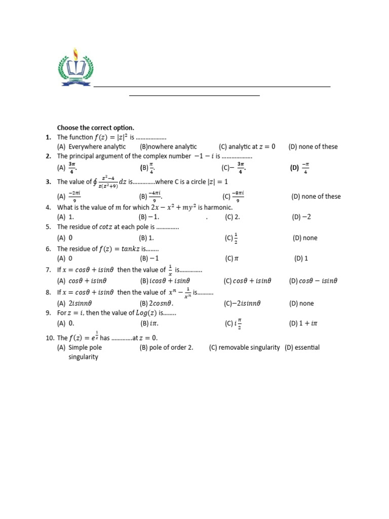 Complex Analysis 2024 Objective | PDF | Complex Analysis | Mathematical Objects