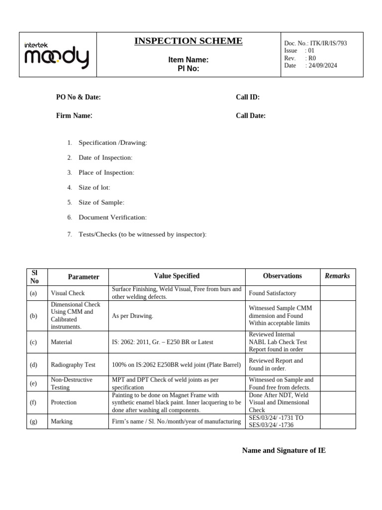 ITP Format | PDF | Nondestructive Testing | Mechanical Engineering