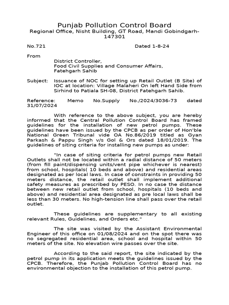 NOC for IOC Retail Outlet in Fatehgarh | PDF