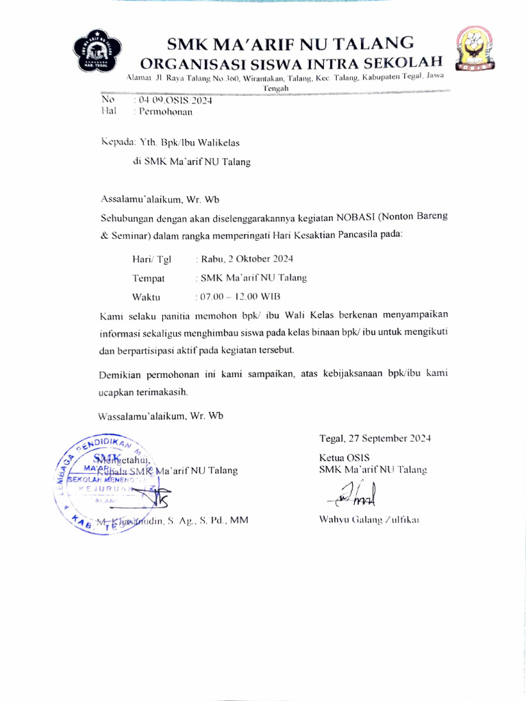 Surat Permohonan OSIS | PDF