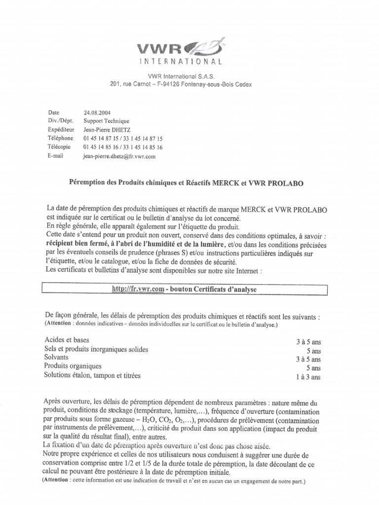 Péremption Des Produits Chimiques Et Réctifs Merck Et VWR | PDF