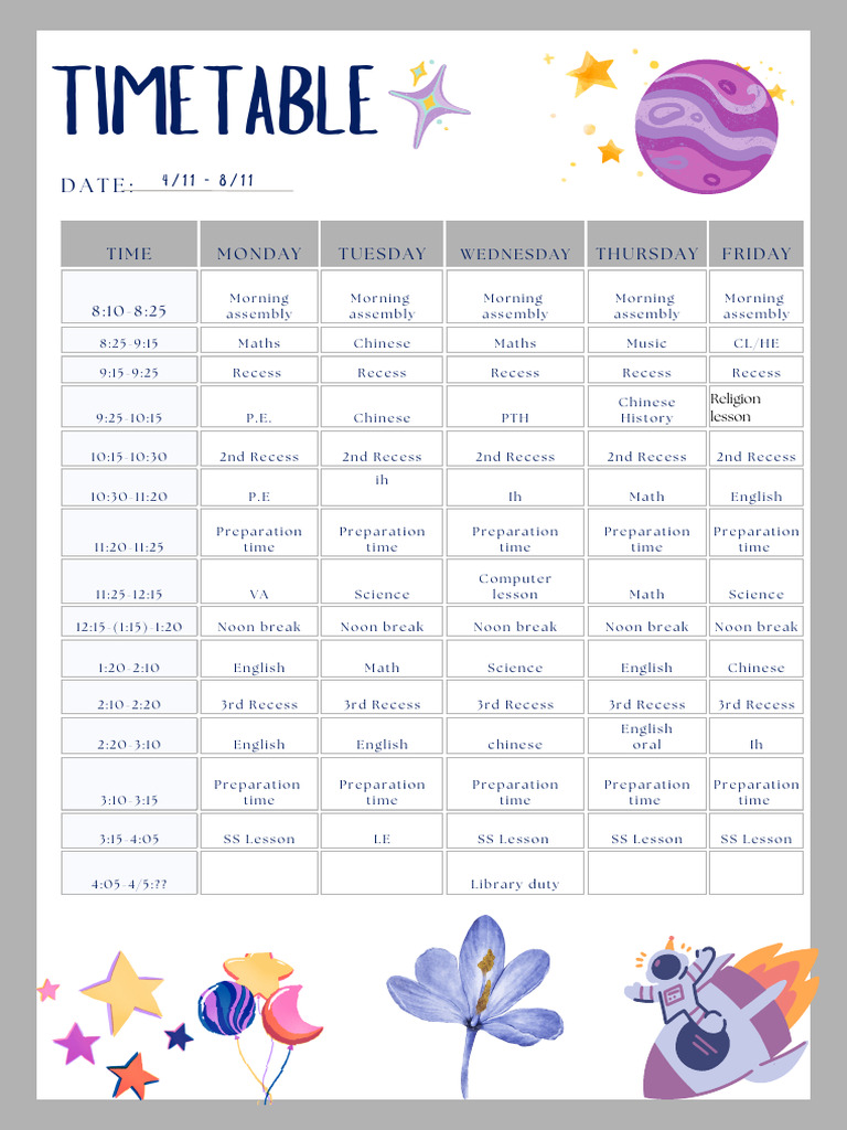 Back To School Timetable Planner in Purple White Minimal Style | PDF