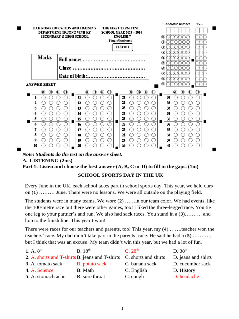Grade 7 - Test 1 - Key | PDF