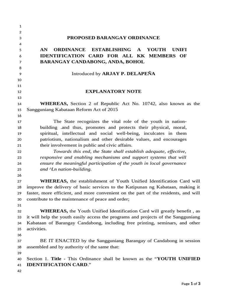 Proposed Barangay Ordinance-Youth Unified ID Card | PDF | Identity ...