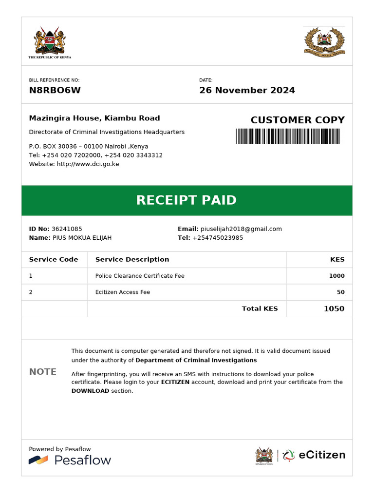 PCC Jrsgmp5v4 Dci Receipt | PDF