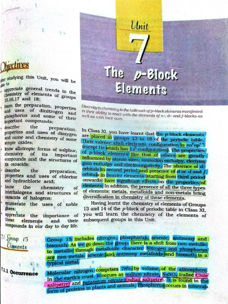 The P Block Elements Chemistry Class 12 Part 1 Unit 7 Old NCERT | PDF