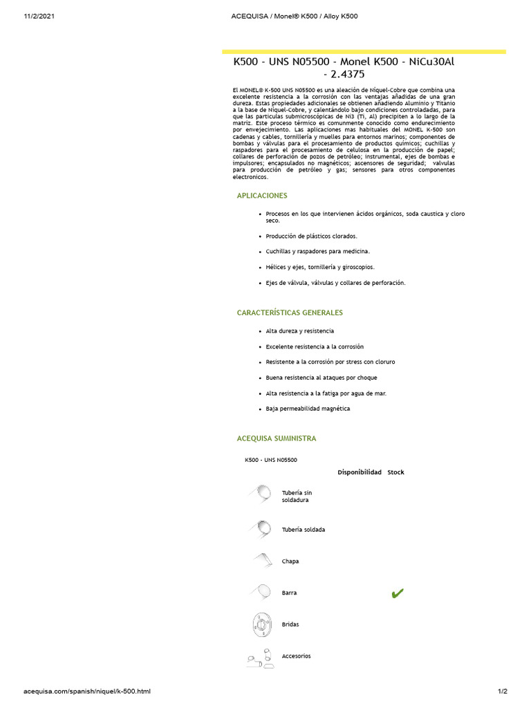 ACEQUISA - Monel® K500 - Alloy K500 | PDF | Titanio | Materiales