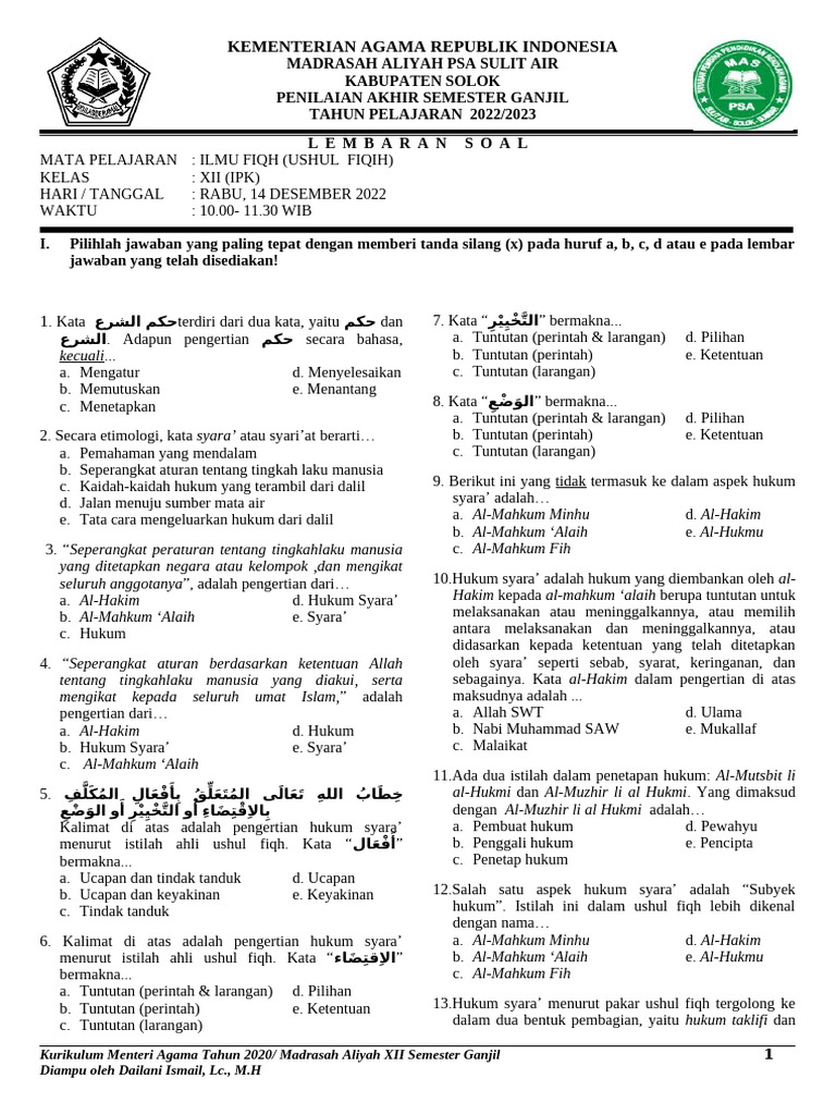 Soal Ushul Fikih Xii Ganjil | PDF