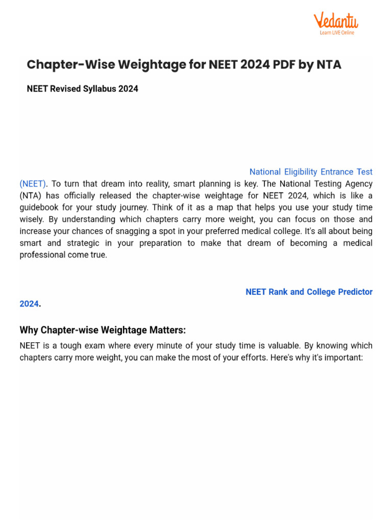 Weightage For The NEET 2024 Exam Chapter-Wise Weightage For NEET 2024 PDF by NTA | PDF