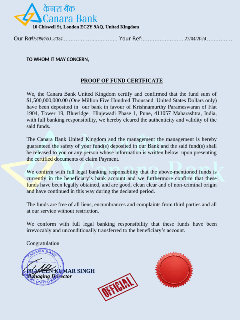 Canara Bank - Confirmation - PROOF of FUND | PDF