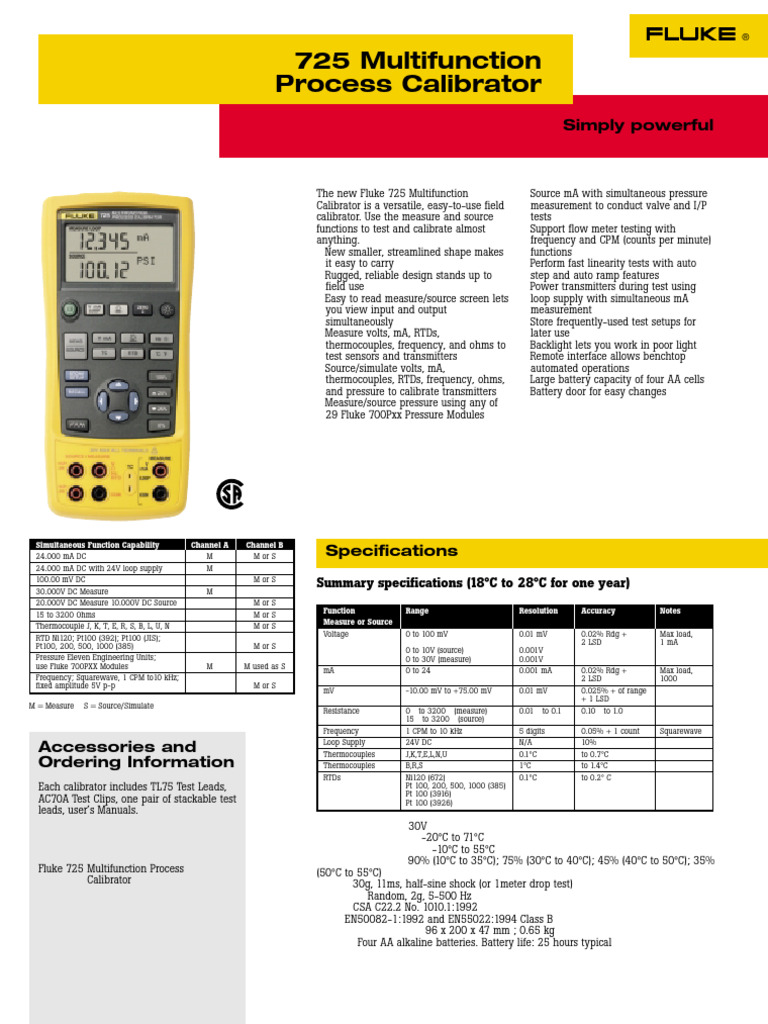 Fluke 725 Multifunction Process Calibrator Datasheet | PDF | Thermocouple | Equipment