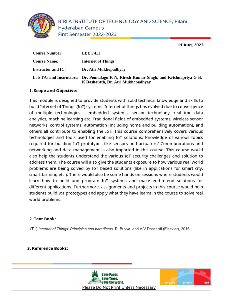 Eee f411 Internet of Things - Handout | PDF | Internet Of Things | Wireless Ad Hoc Network