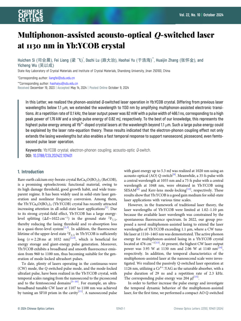 Multiphonon-Assisted Acousto-Optical Q-Switched Switched Laser at 1130 NM in Yb:YCOB Crystal ...