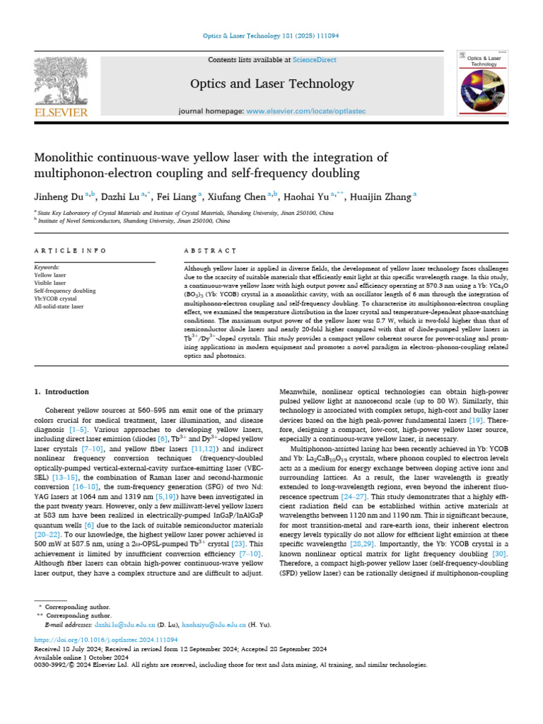 Monolithic Continuous-Wave Yellow Laser With The Integration of Multiphonon-Electron Coupling ...