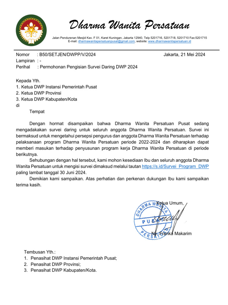 B50 - Surat Permohonan Pengisian Survei Daring DWP | PDF