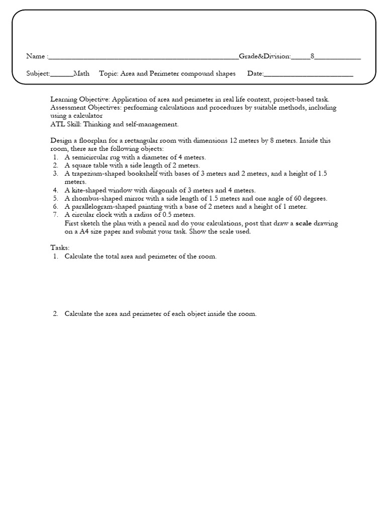 CAIE Worksheet Room Design Area and Perimeter | PDF