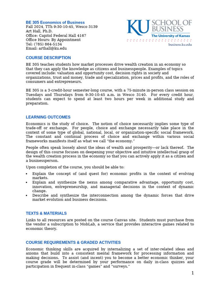 BE305 - Fall2024 - AHall (9.30) | PDF | Academic Integrity | Economics