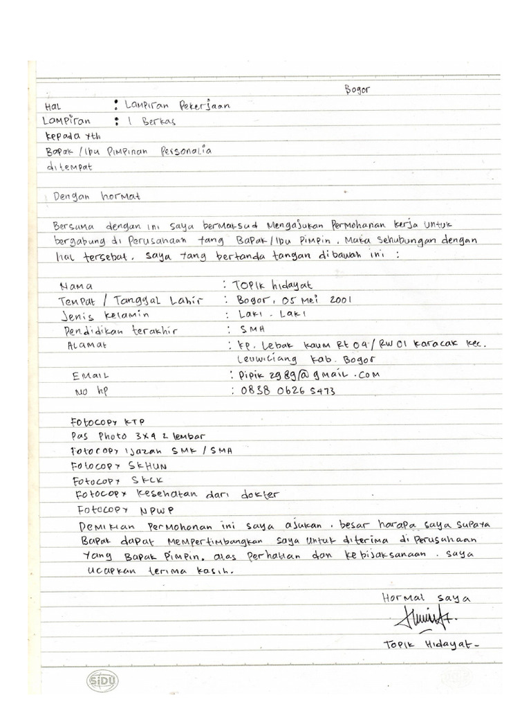 Surat Lamaran Kerja Pdf