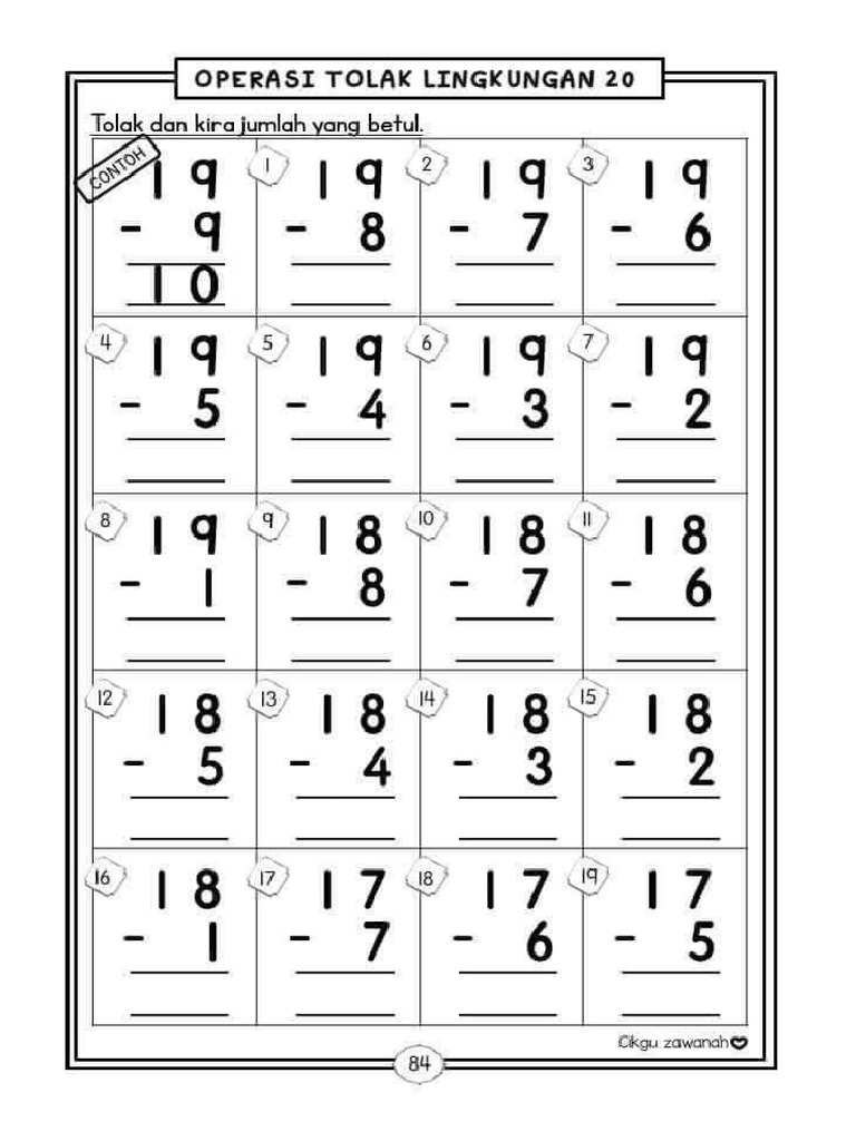 Latihan Math Tahun 1 Operasi Tolak | PDF