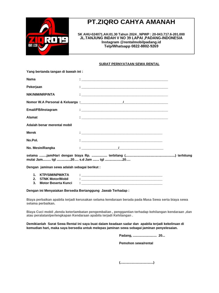 Surat Pernyataan Sewa Mobil | PDF