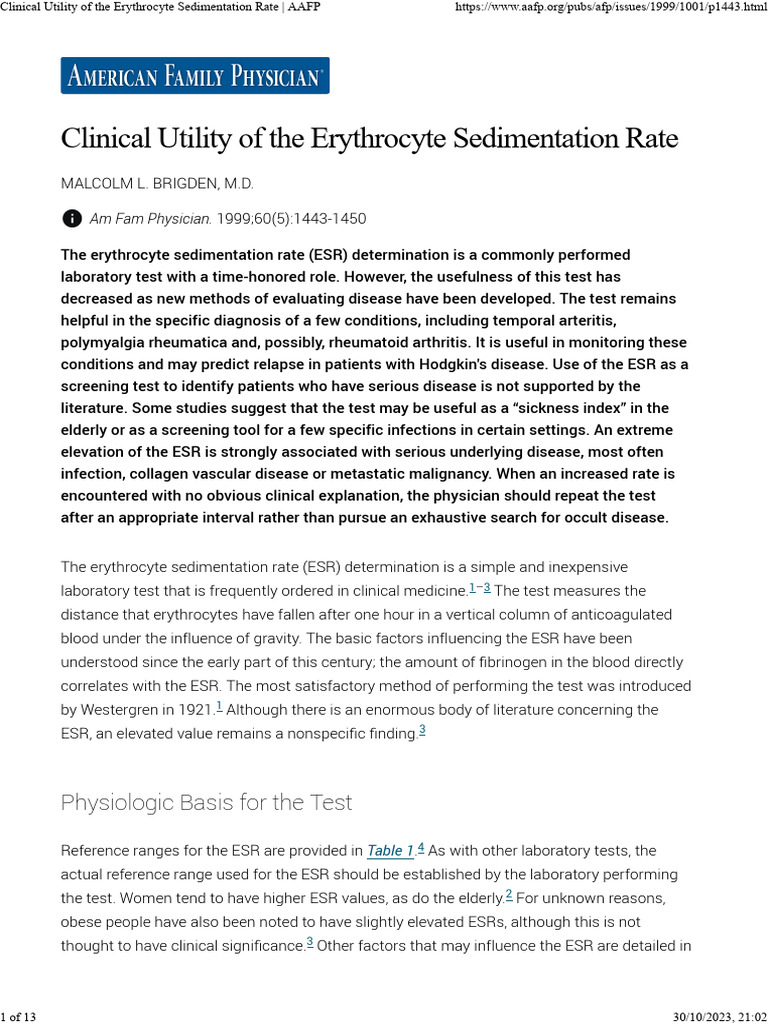 Clinical Utility of The Erythrocyte Sedimentation Rate AAFP | PDF | Anemia | Medicine
