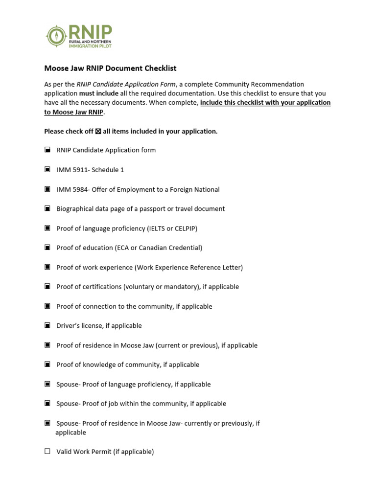 Moose Jaw RNIP Document Checklist 2023 | PDF