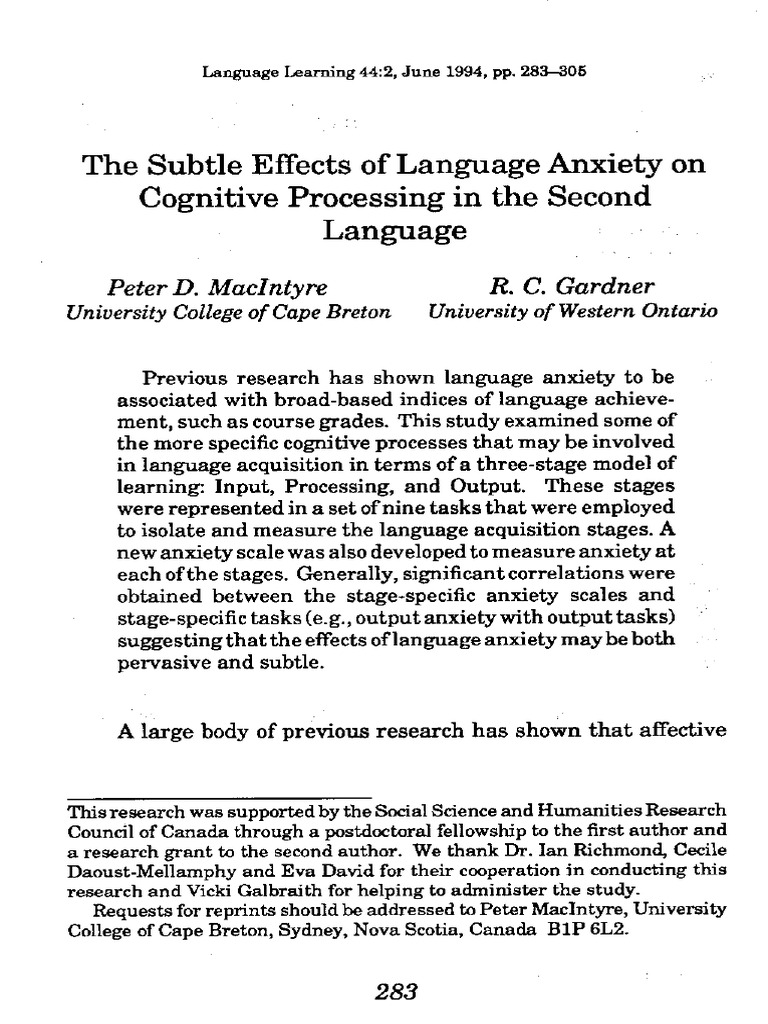The Subtle Effects of Language Anxiety o | PDF | Anxiety | Learning