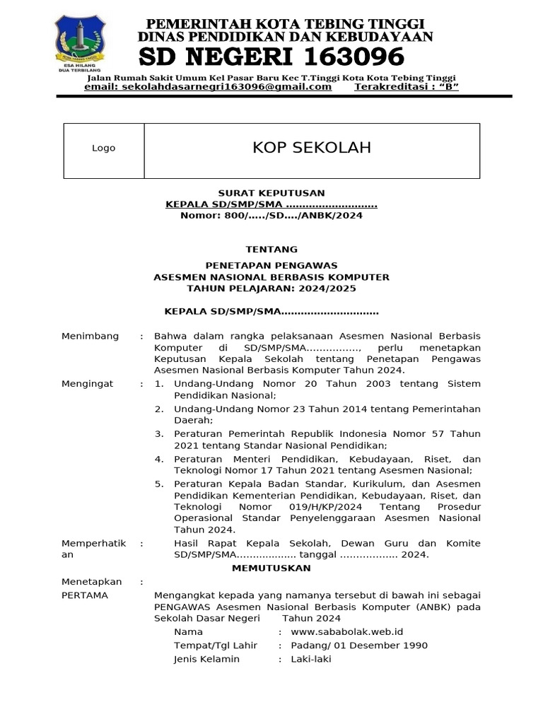 Penetapan Pengawas ANBK 2024 SD Negeri 163096 | PDF