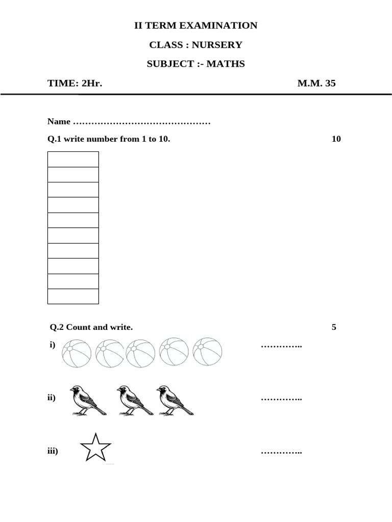 Nursery Maths Exam Paper | PDF