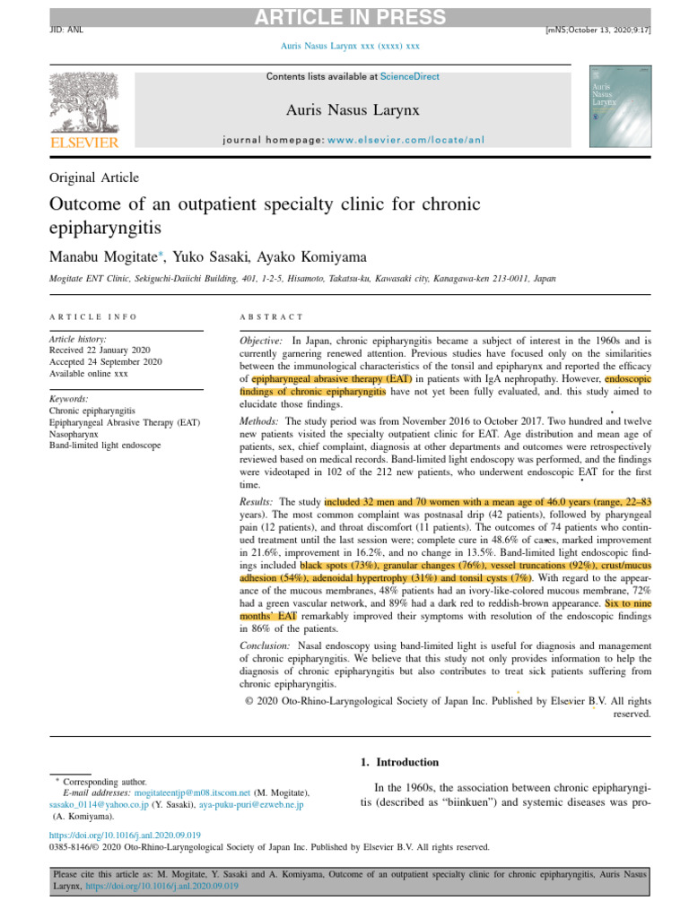 Chronic Epipharyngitis Clinic Outcomes | PDF | Fibromyalgia | Endoscopy