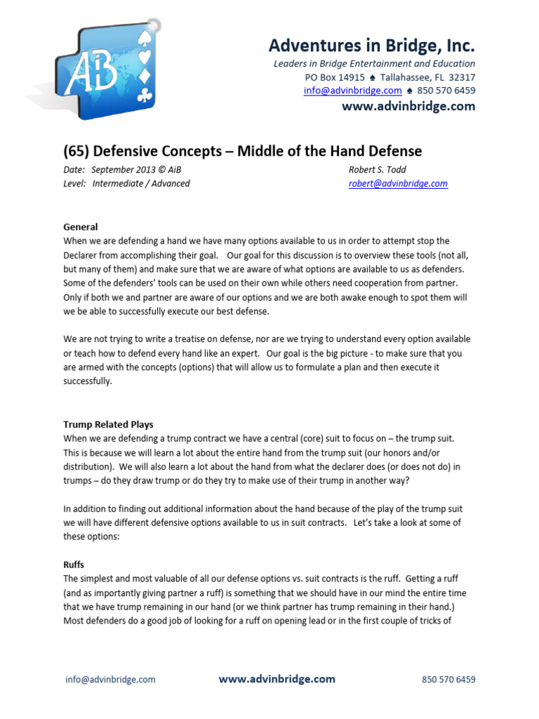 65 Middle of The Hand Defense | PDF | Contract Bridge | Gaming Devices