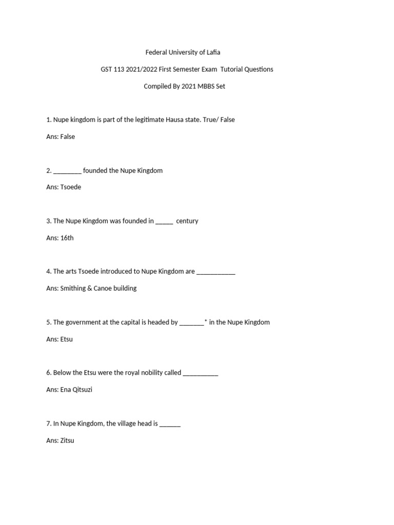 GST 113 2021 Tutorial Questions | PDF