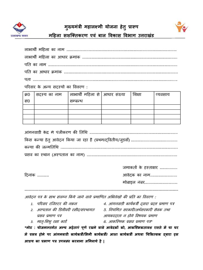Mukhyamantri Mahalaxmi Yojana Form | PDF