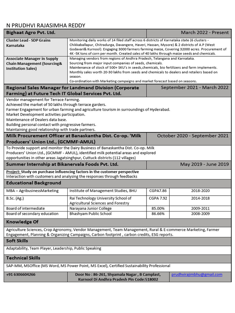 Prudhvi Rajasimha Reddy - Resume | PDF | Agriculture | Food Industry