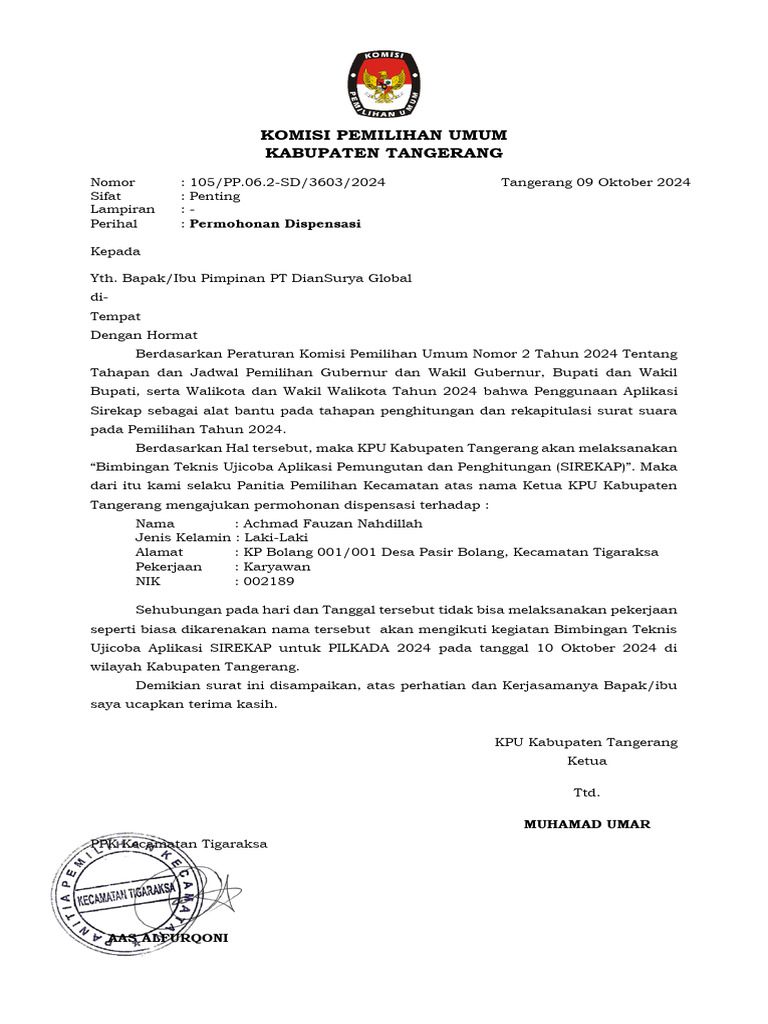 Surat Dispensasi Pps Achmad Fauzan N | PDF